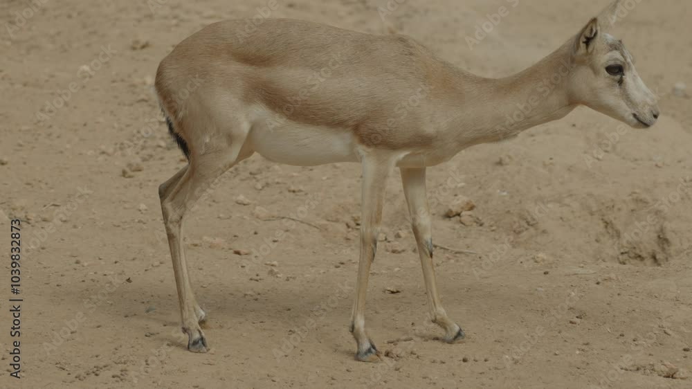 A side view of a gazelle walking across the sandy desert, its slim body ...