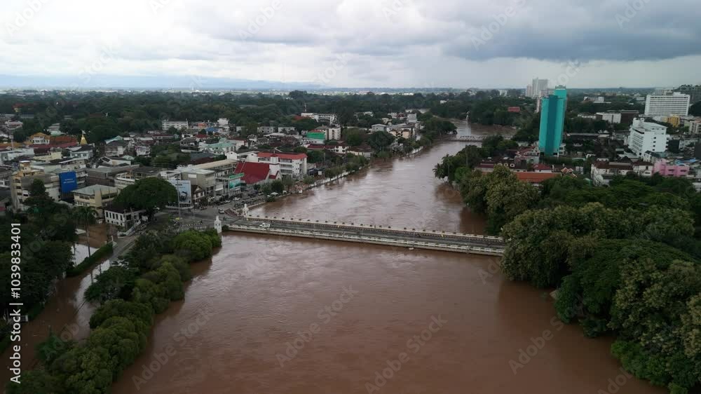 Chiang Mai Flood from Above, Khua Lek Iron Bridge with Ping River ...
