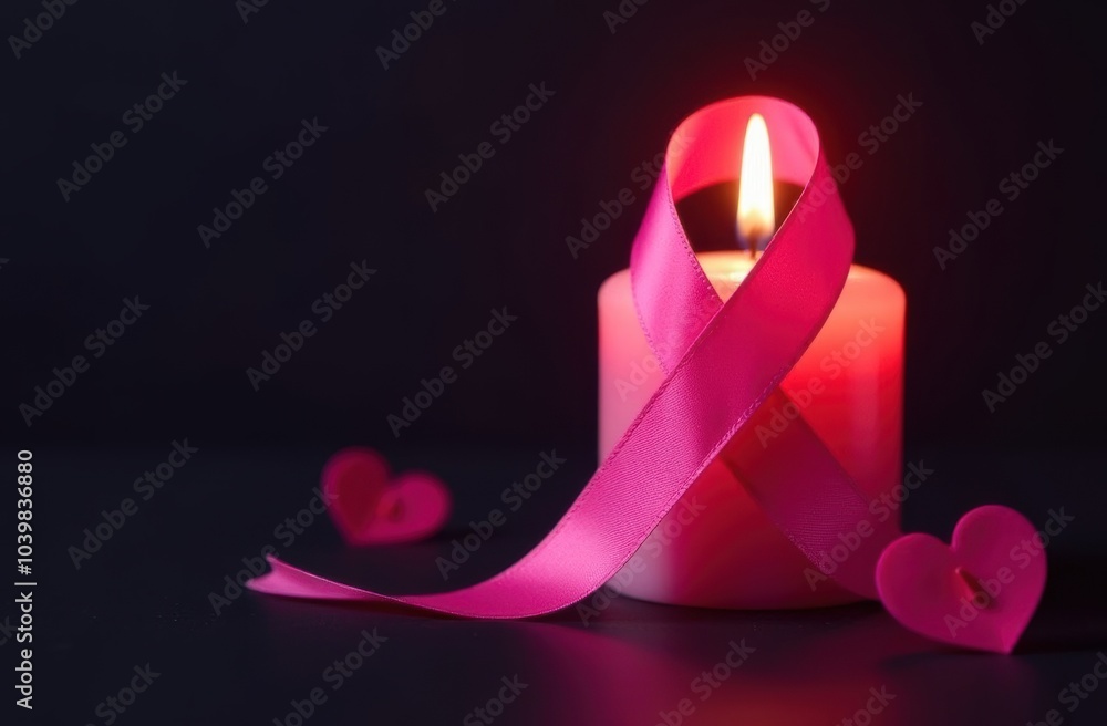 Artistic image of a pink ribbon wrapped around a glowing candle ...