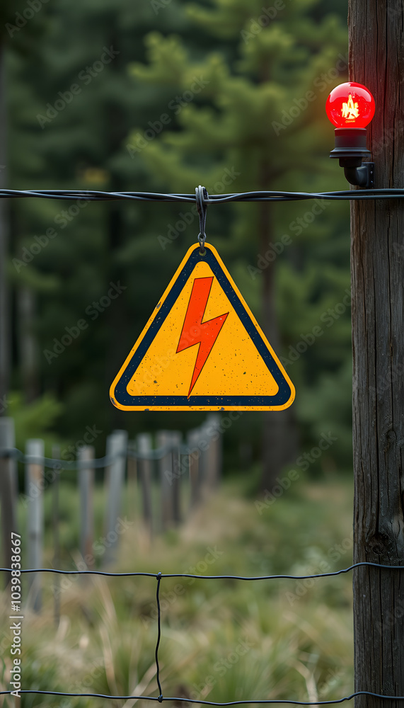 Electrical fence warning sign with electric shock icon hanging on wire ...
