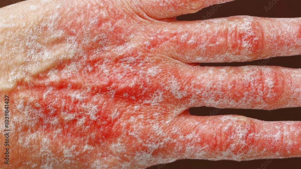 2410 56.Close-up of a hand with a red, blotchy rash caused by an ...