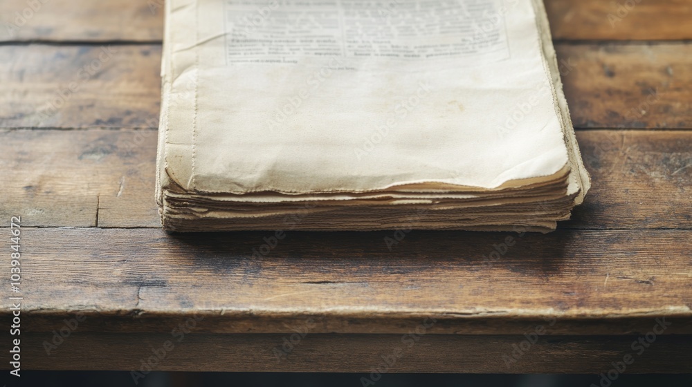 2410 78.Top-down view of a closed newspaper on a table, its pages blank ...