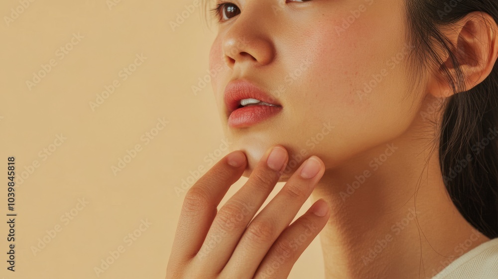 2410 2.Side view of a young Asian woman with visible red rash on her ...