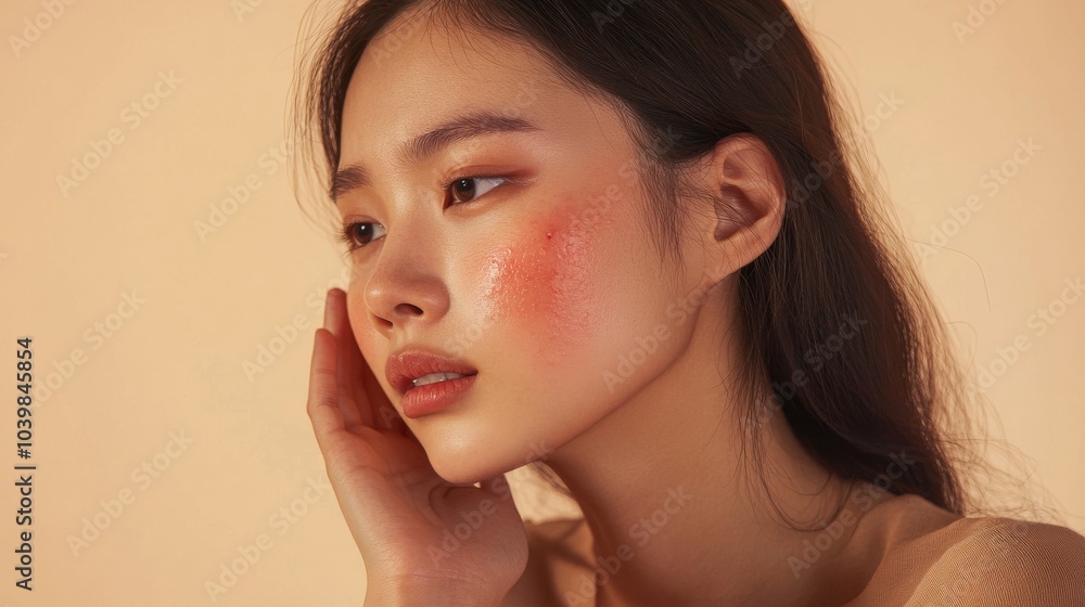 2410 2.Side view of a young Asian woman with visible red rash on her ...