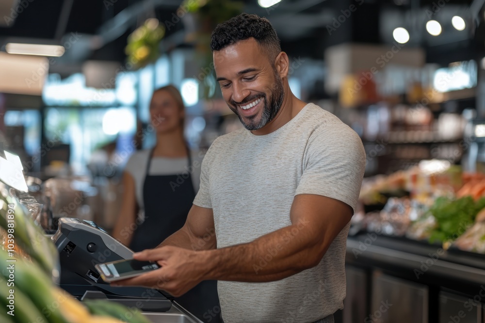 A bearded man wearing a t-shirt pays at a grocery store checkout with a ...