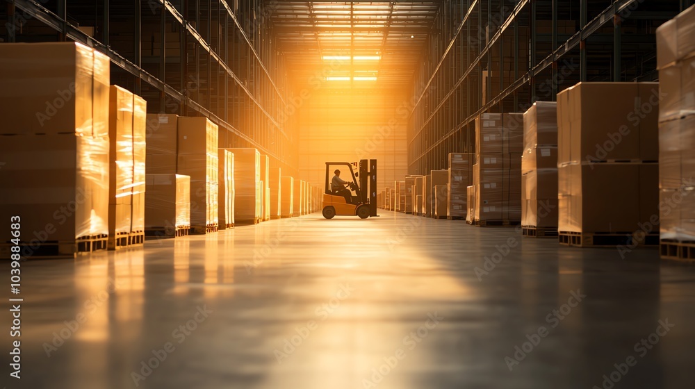 Dimly lit warehouse, industrial lighting casting shadows over rows of ...