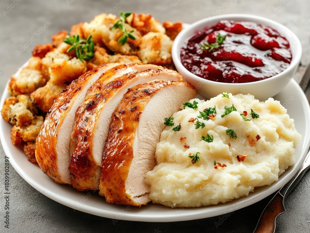 Thanksgiving Dinner Feast Traditional Turkey, Stuffing, Mashed Potatoes ...