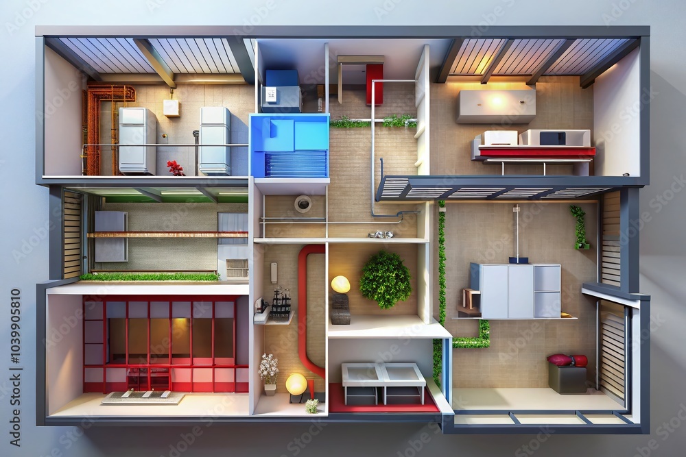 Cutaway Diagram of Apartment with Radiator Heating and Ceiling Cooling ...
