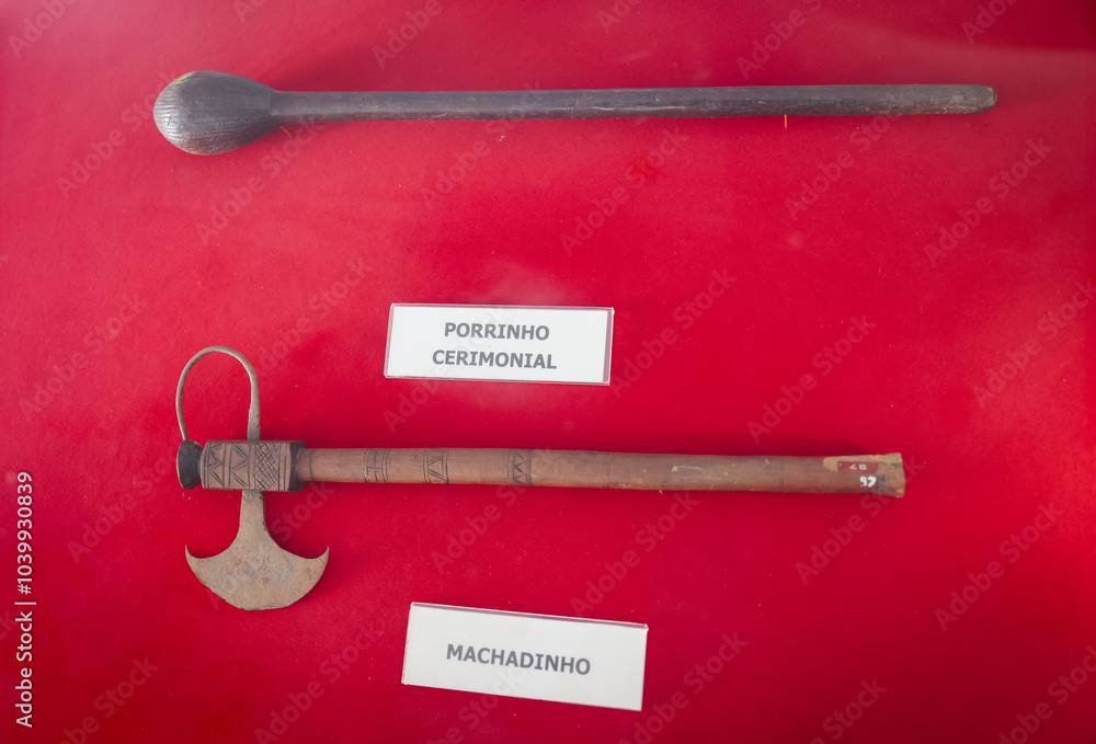 Luanda, Angola - May 17, 2024: Traditional ceremonial tools displayed ...