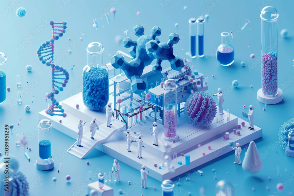 Medical laboratory 3d isometric web design. People scientists explore molecular structure of dna ...