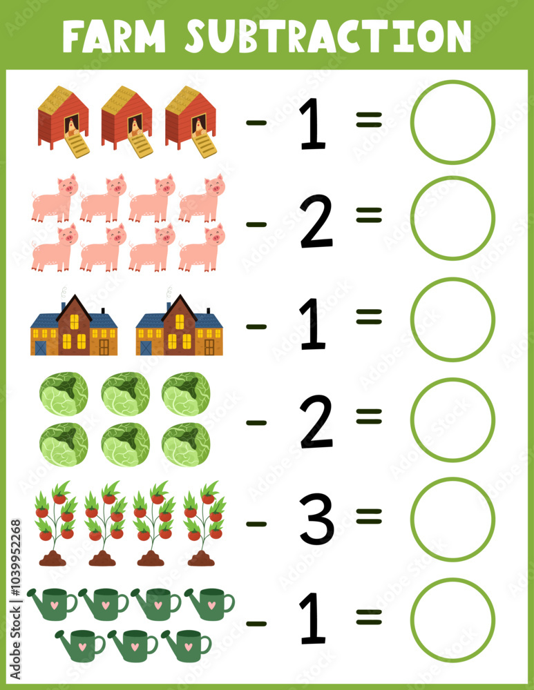 Farm subtraction worksheet for kids. Math activity page with cute farm ...