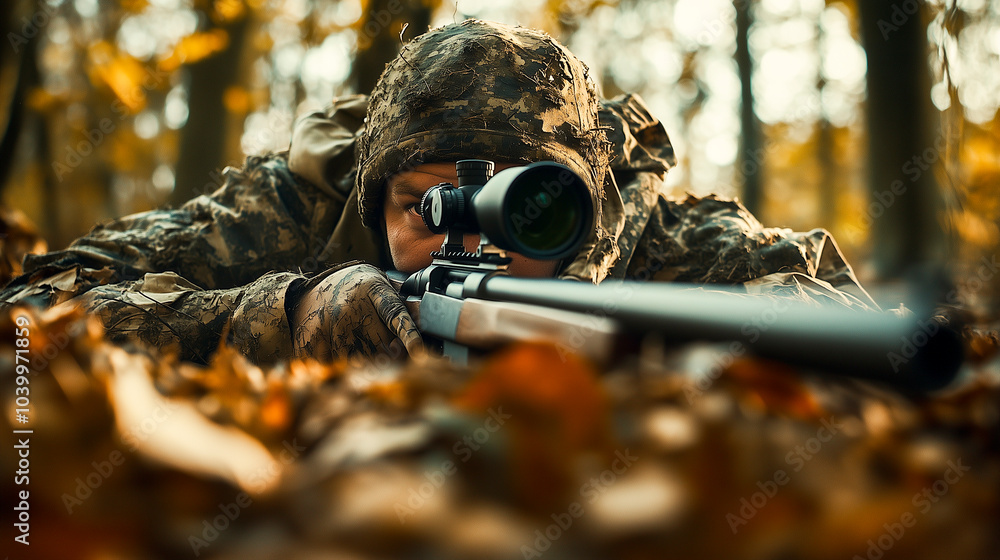 hunter dressed in camouflage lying prone in a forest aiming through the ...