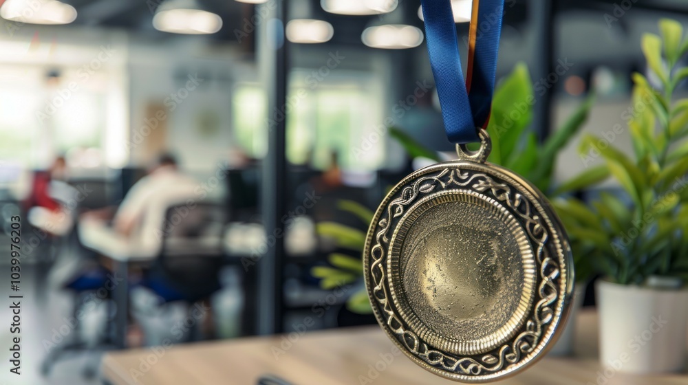Gold medal office award. A gold medal hangs in an office setting ...
