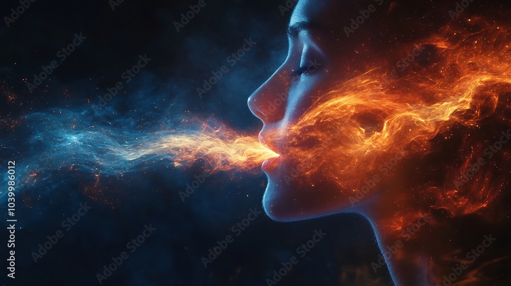 Dynamic scene showing person practicing breathwork with colorful waves ...