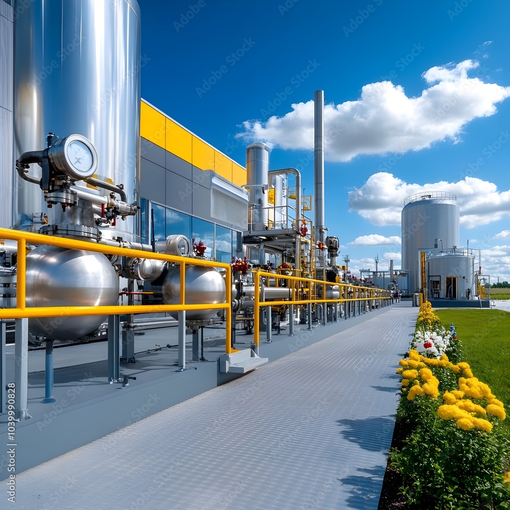 Expansive industrial gas processing plant featuring large storage tanks ...