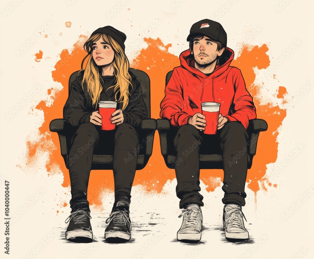 Cartoon illustration of young couple sitting in theater seats, watching ...