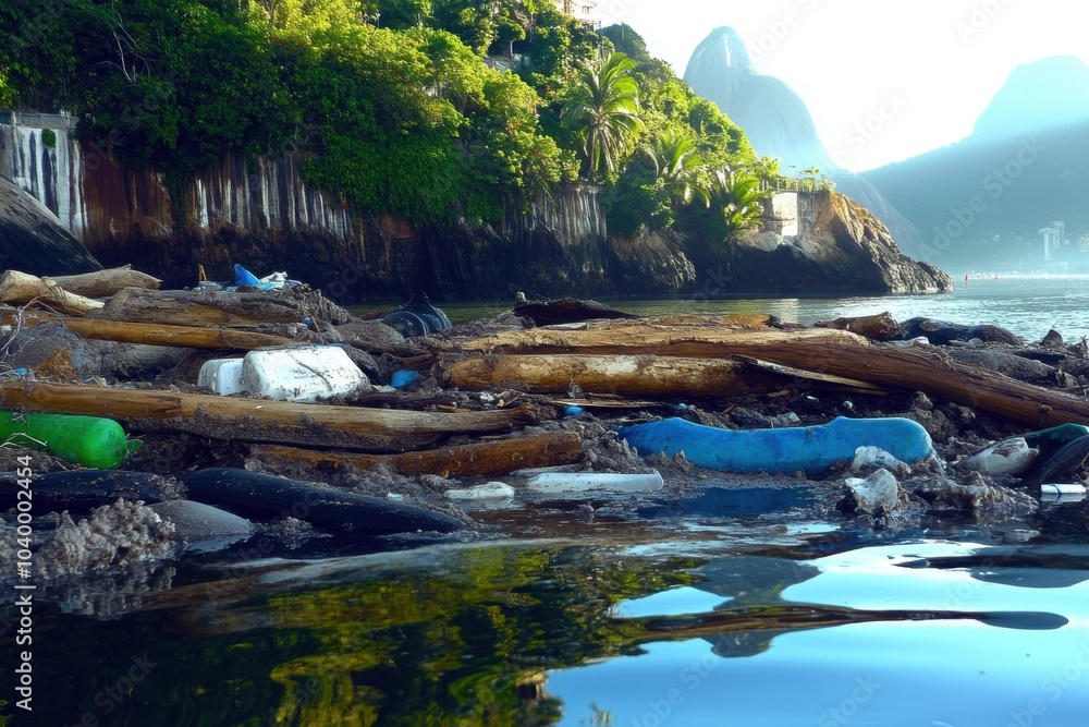 Polluted beach littered with debris, plastic waste, and driftwood, with ...