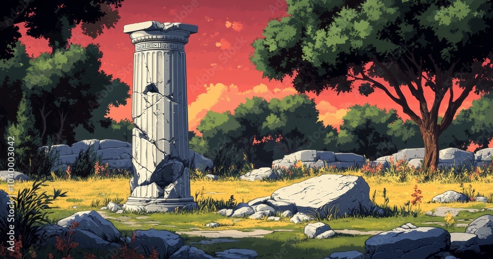 In a summer historical landscape with ancient Greek architecture column ...