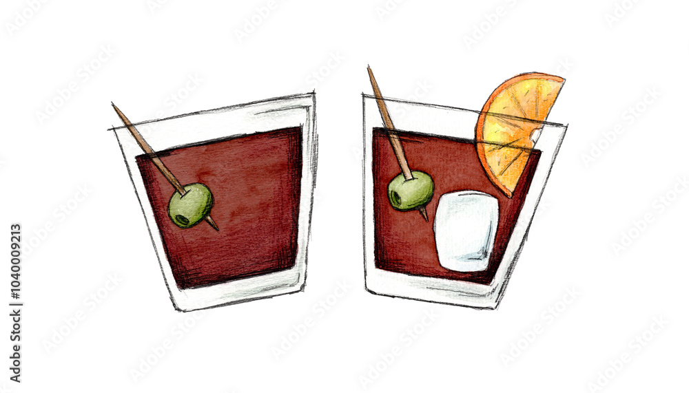 ilustración a color del clásico aperitivo español. Hora del vermut ...