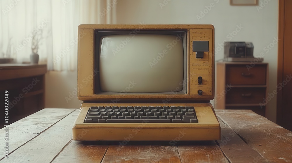 vintage desktop computer with a blank screen set against a stark white ...