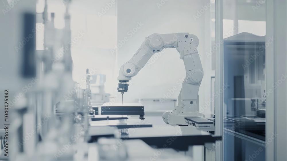 A robot calibrating high-precision sensors in a futuristic aerospace ...