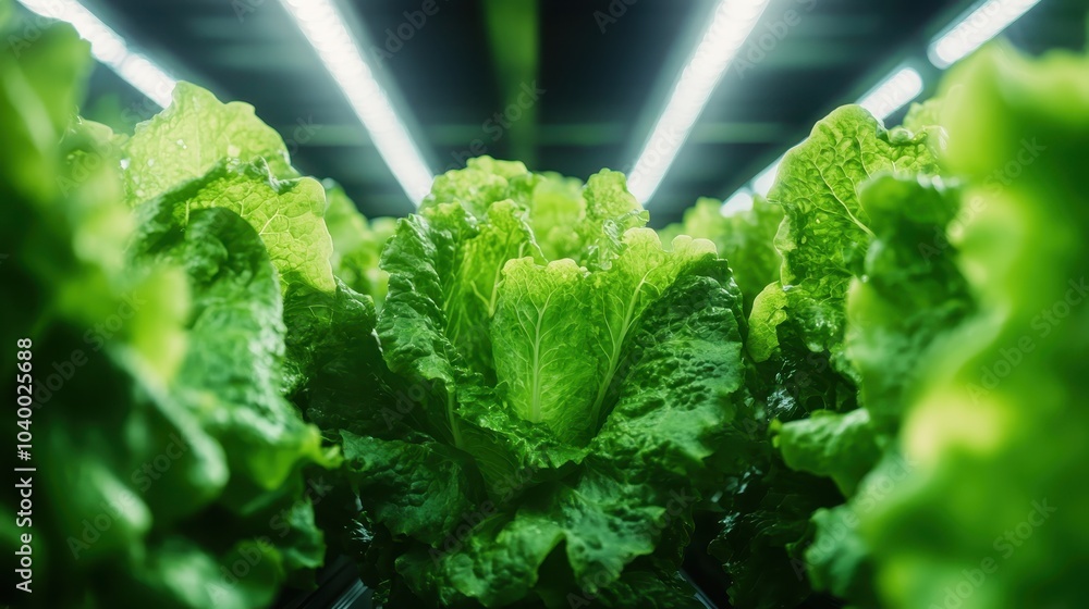 This image features densely packed leafy green vegetables glowing under ...
