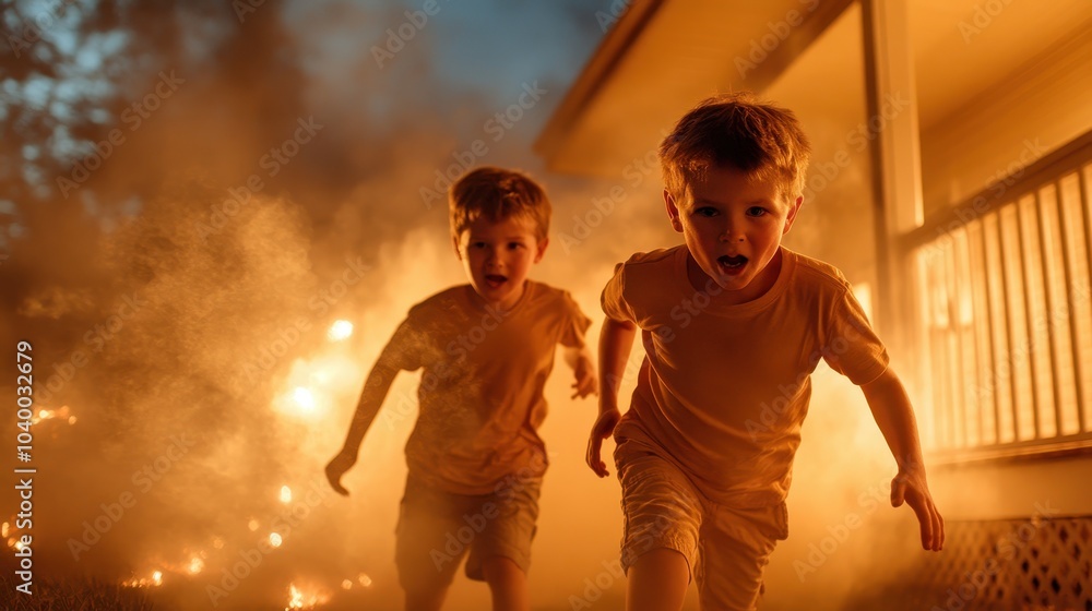 Two young boys are running joyfully outside near a house, with smoke ...