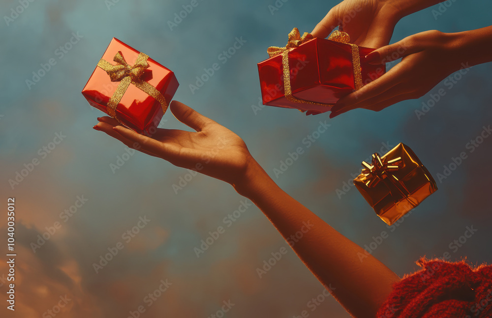 A person is reaching out to another, holding red and golden gift boxes ...