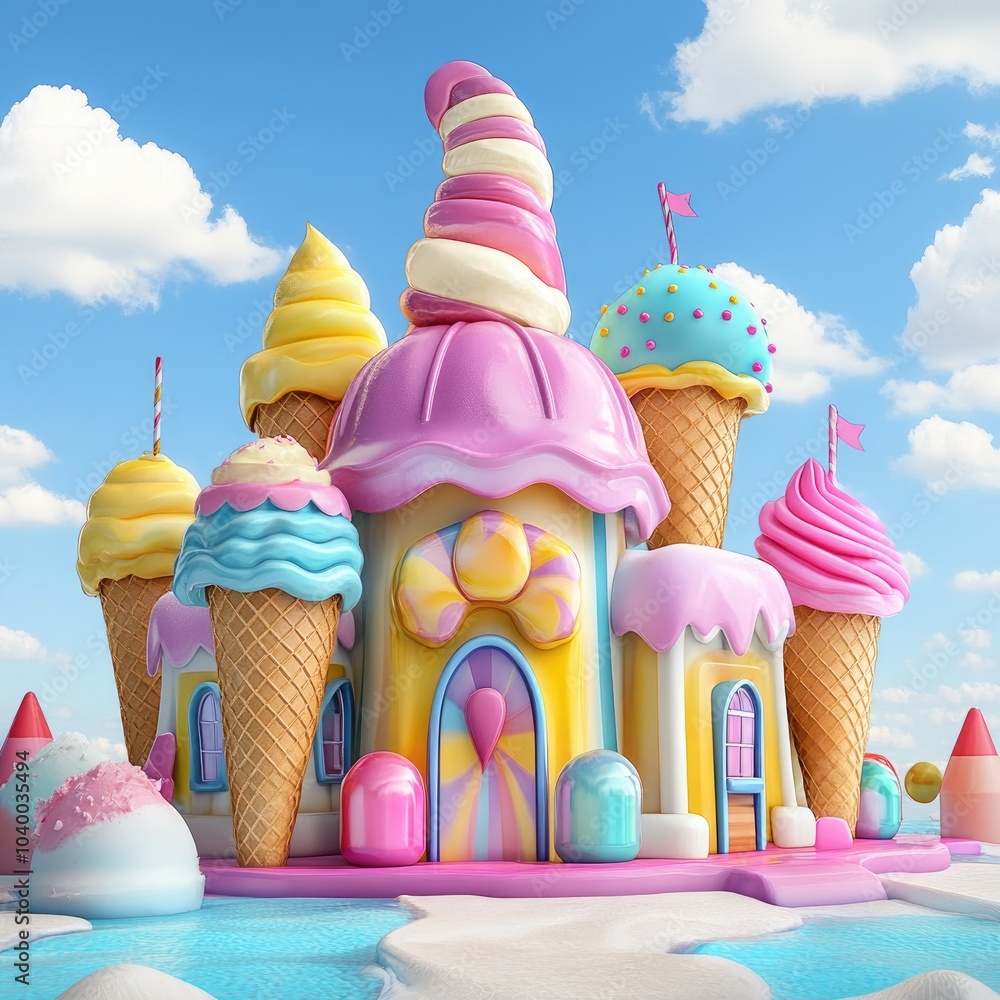 Colorful ice cream castle with giant cones and candies, perfect for ...