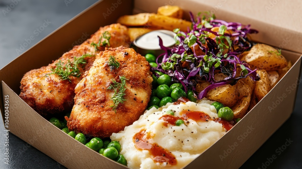 A well-arranged meal box showcasing crispy chicken cutlets, fluffy ...