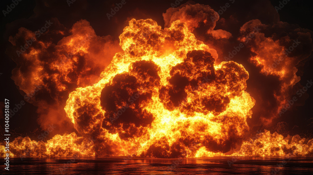 massive explosion erupts with fiery flames and thick smoke, creating ...