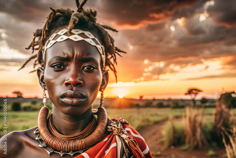 Portrait of a woman of the Mursi African tribe. Sunset sky clouds ...