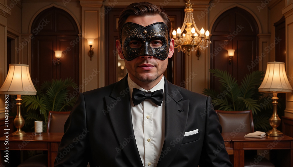 Stylish man in black mask and tuxedo celebrating Diwali at elegant ...