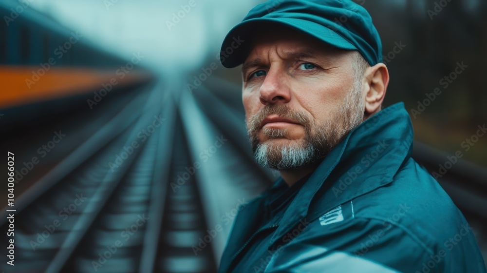 A focused male train conductor wearing a uniform stands by railway ...