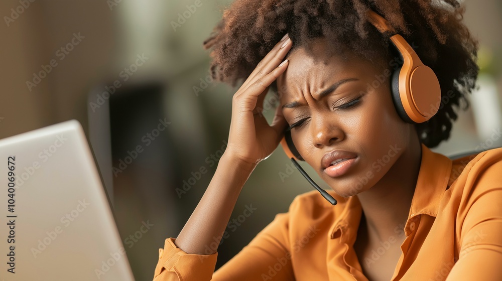 Stressed African Female Call Center Worker Wearing Headset Feeling ...