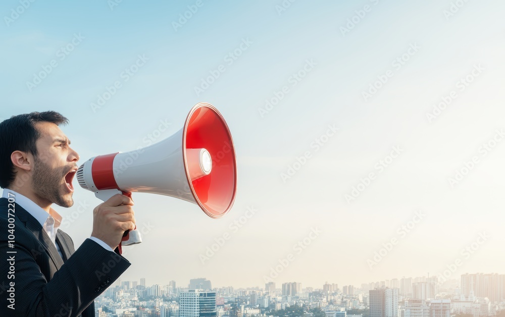 Determined businessman with megaphone, shouting assertively against a ...