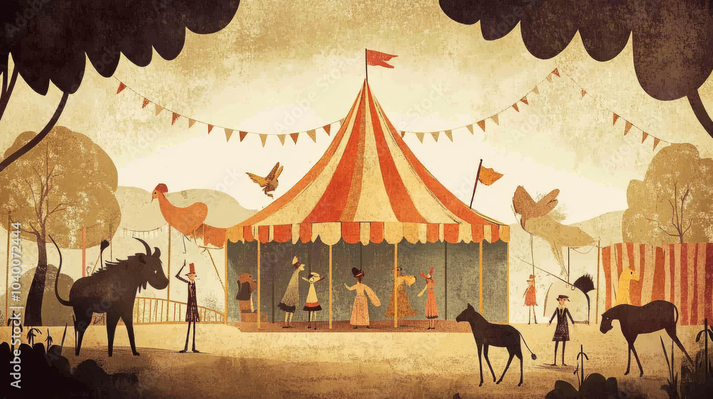 A vintage circus scene, drawn with a retro style. It features people ...