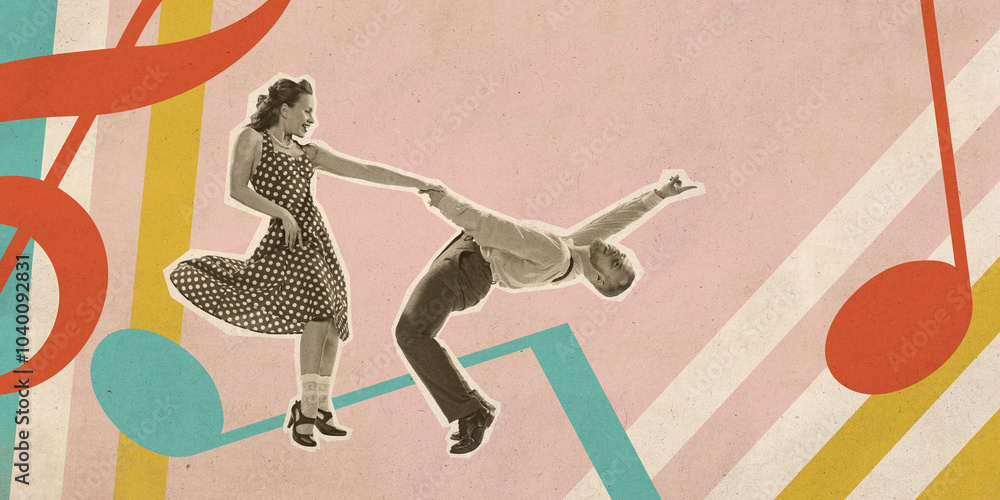 High-energy dance scene featuring couple energetically dancing. Retro ...