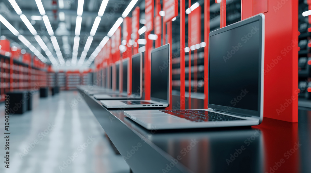 Laptop computers with blank screens are lined up on a table background ...