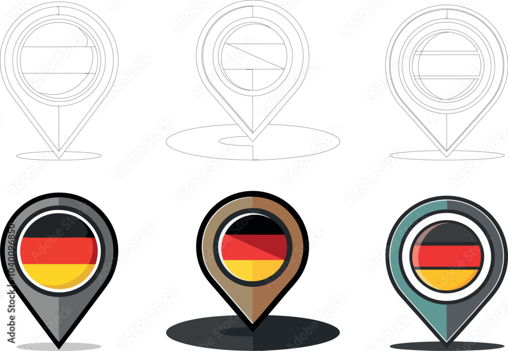 Various Designs of Location Pins Featuring the German Flag for Map ...