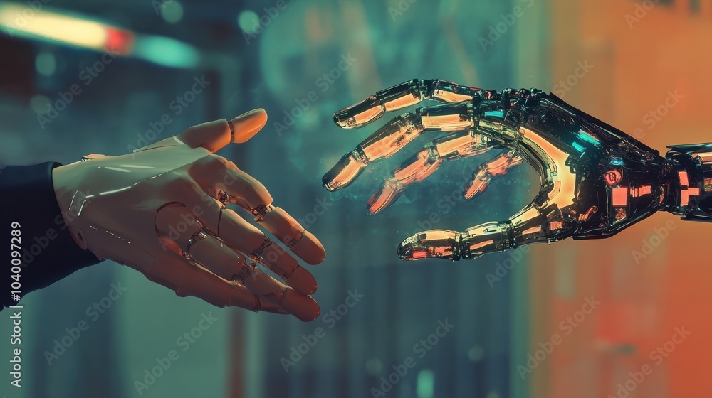 A digital art of hands reaching towards each other, one human and the ...