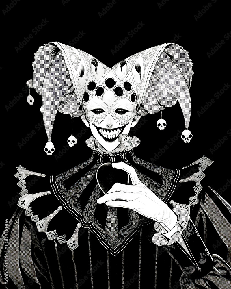 Dark, eerie illustration of a sinister jester in an ornate gothic ...