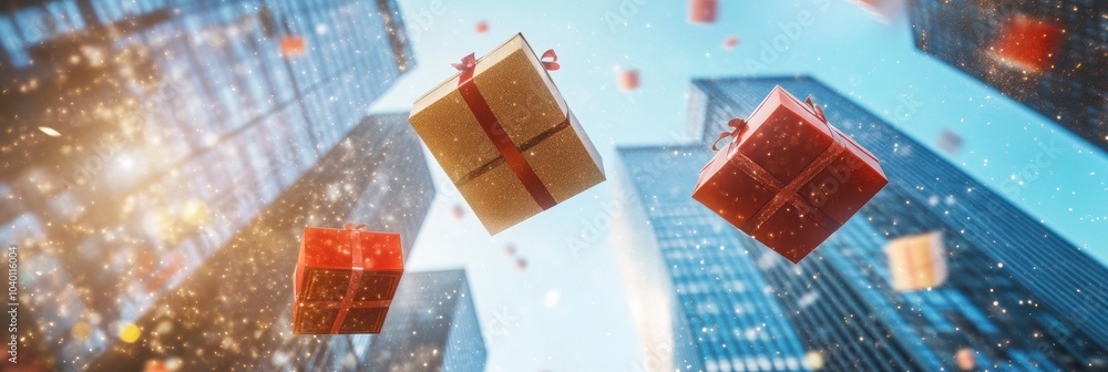 Gift box falling down from sky in large city with skyscrapers. Stock ...