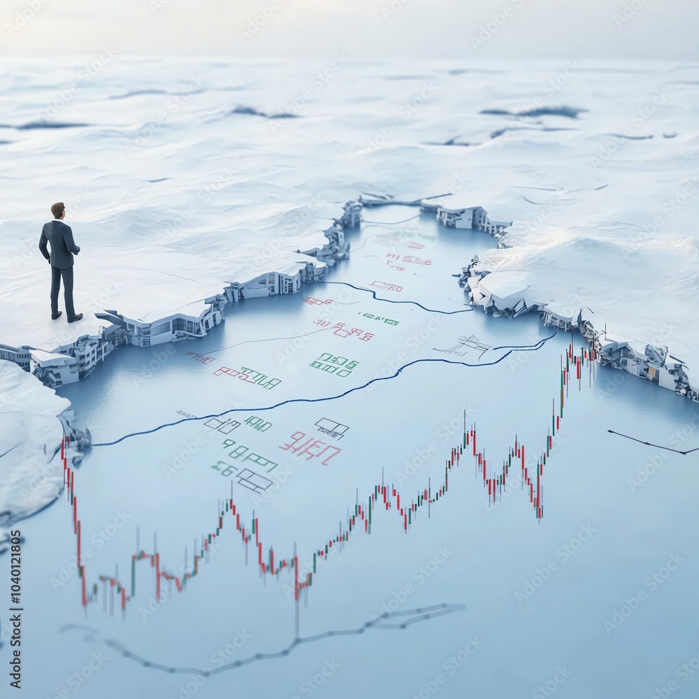 Person standing on the edge of a crumbling financial district, looking ...