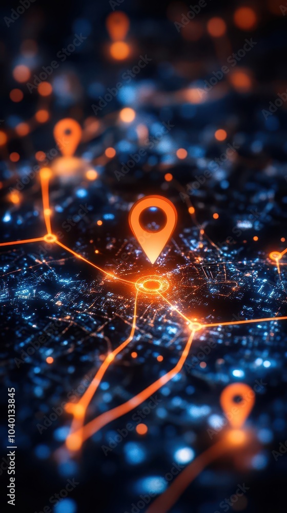 GPS navigation concept with a glowing route path and location pins on a ...