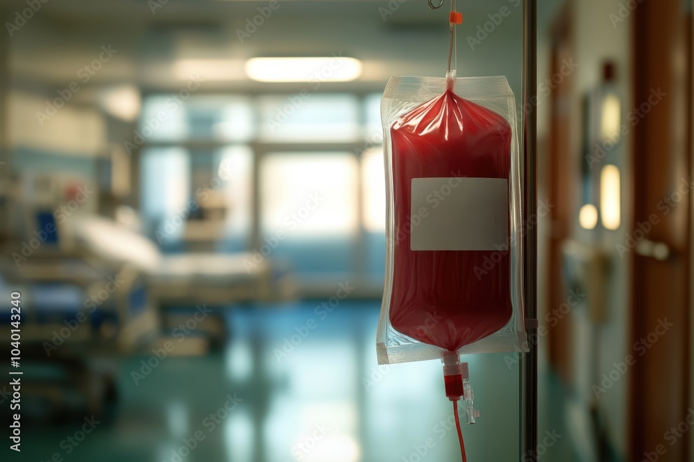 Blood transfusion bag hanging on a stand in a hospital room ...