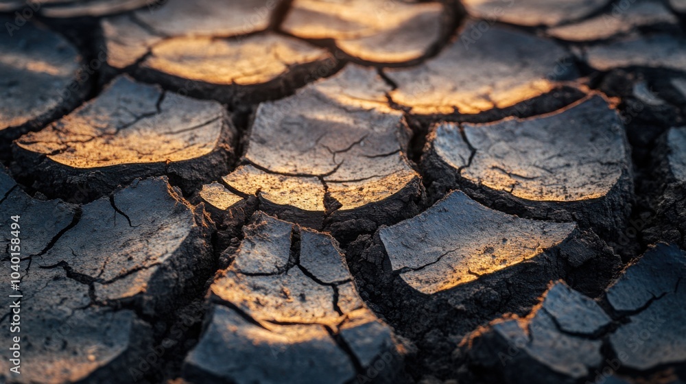 Hard, cracked clay soil with a powdery surface in a dried-up wetland ...