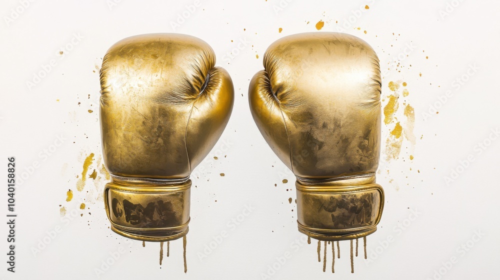 Gold boxing gloves embellished with artistic watercolor drips on a ...