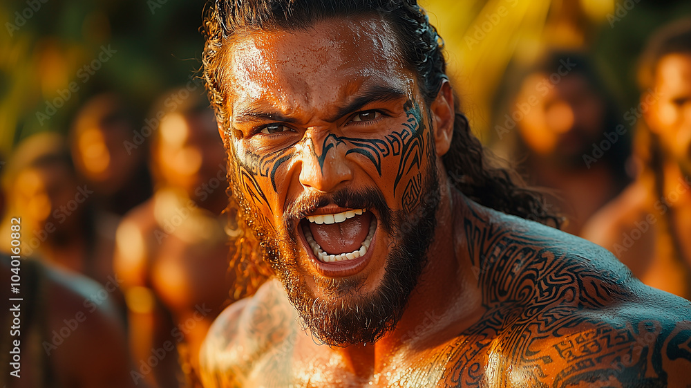 Fierce Maori warrior with traditional facial tattoos, roaring in battle ...