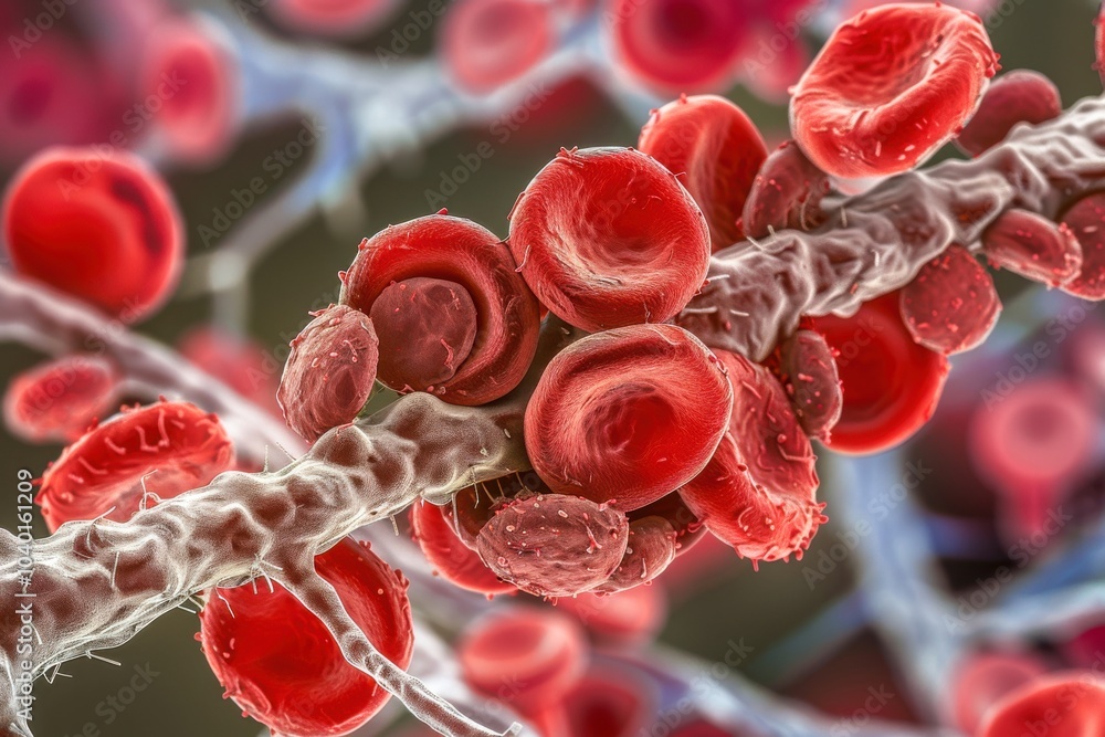 Red Blood Cell Aggregation: A close-up of red blood cells aggregating ...
